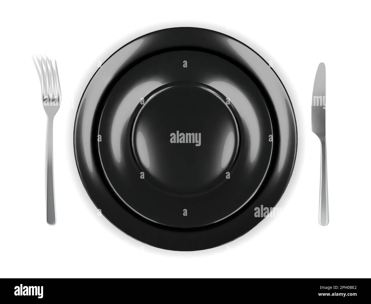 Two black round empty plates top view with fork and knife. Vector ...