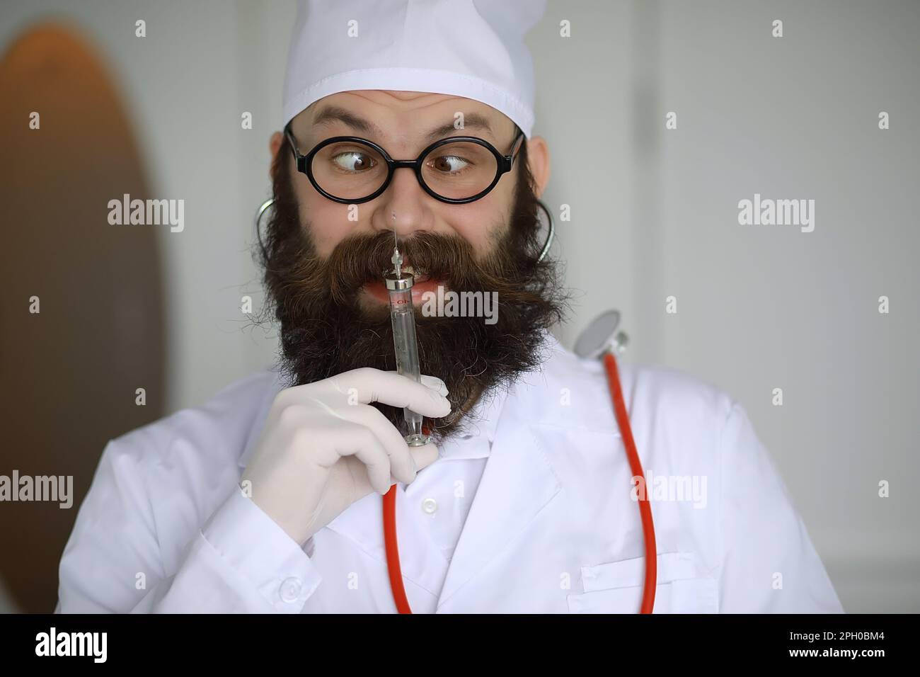 Doctor crazy. Mad beard scientist conducts experiments in a scientific ...