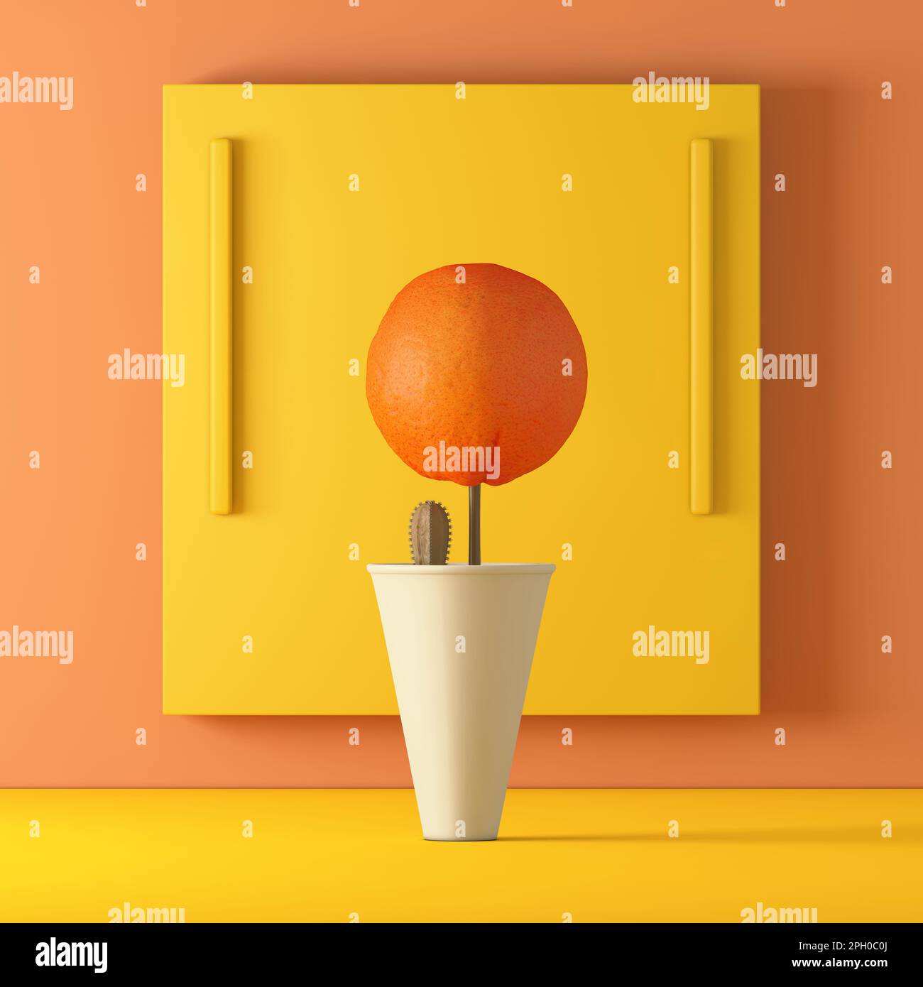 Abstract Orange Fruit with Cactus in Vase against Yellow Frame on a ...