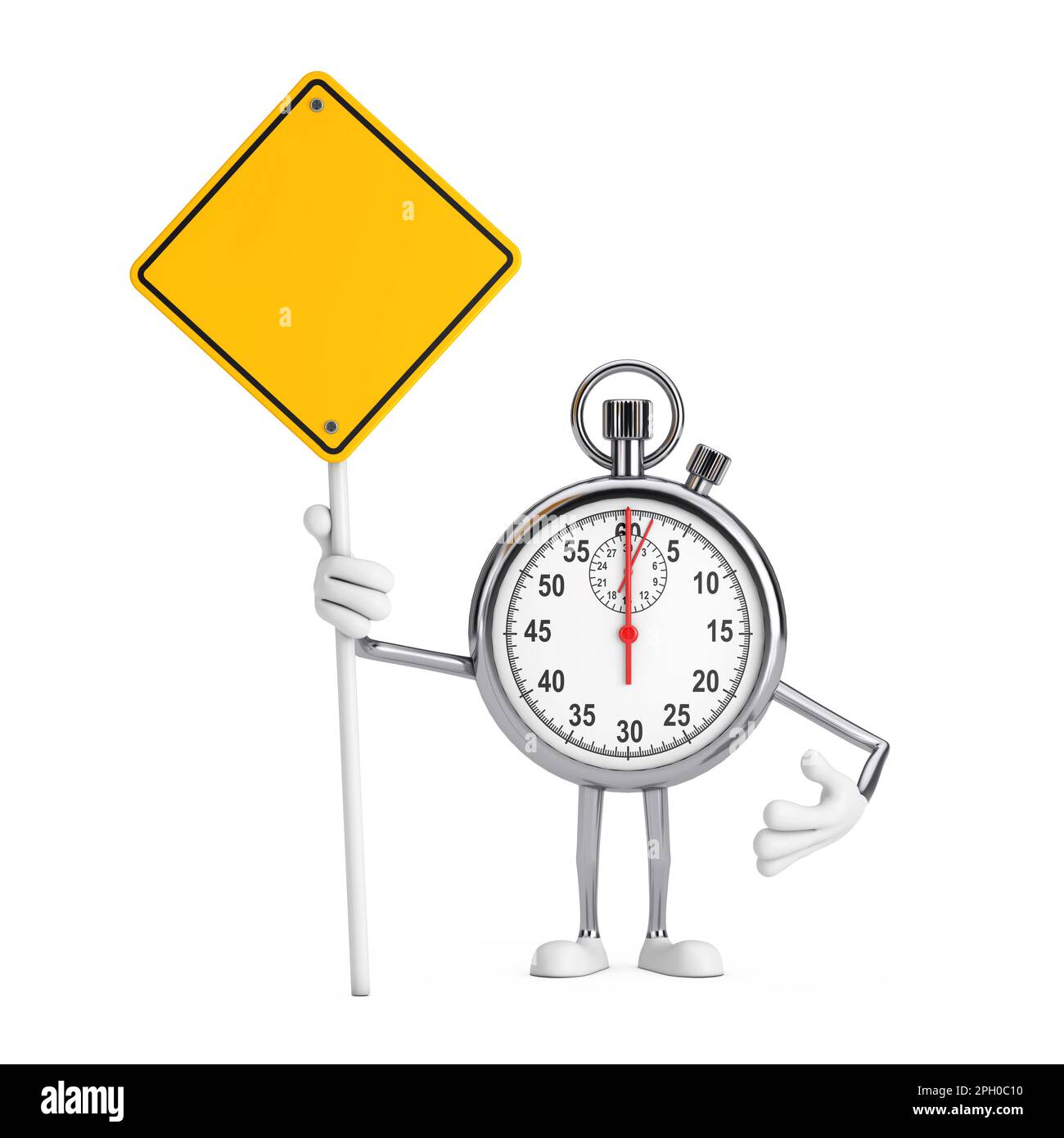 Modern Stopwatch Cartoon Person Character Mascot and Yellow Road Sign ...