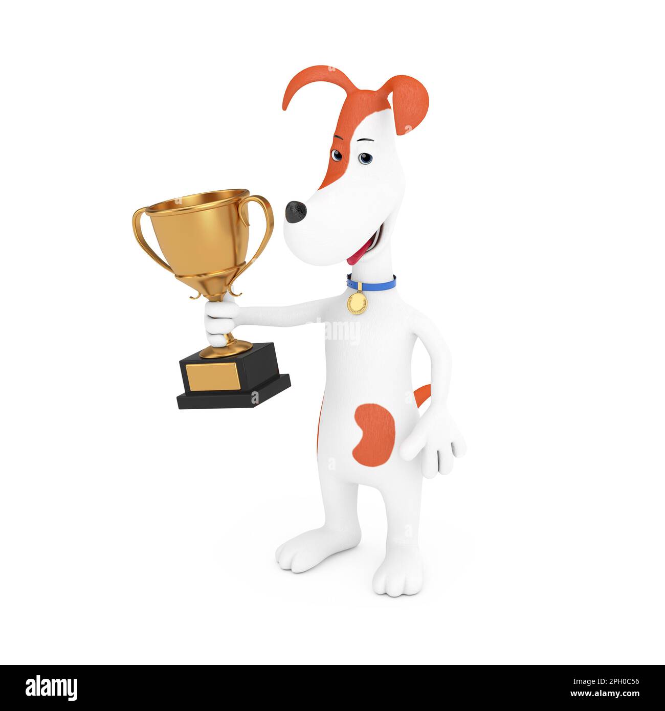 Cartoon Cute Dog Holding Golden Award Trophy on a white background. 3d ...
