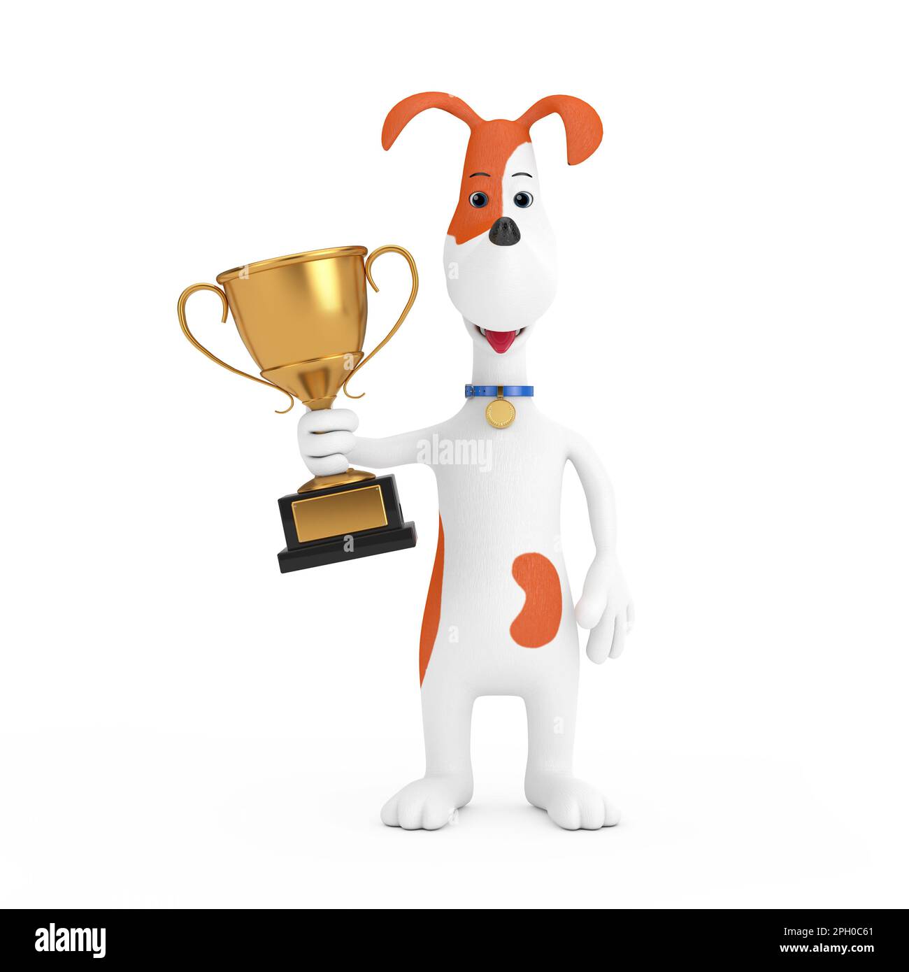 Cartoon Cute Dog Holding Golden Award Trophy on a white background. 3d ...