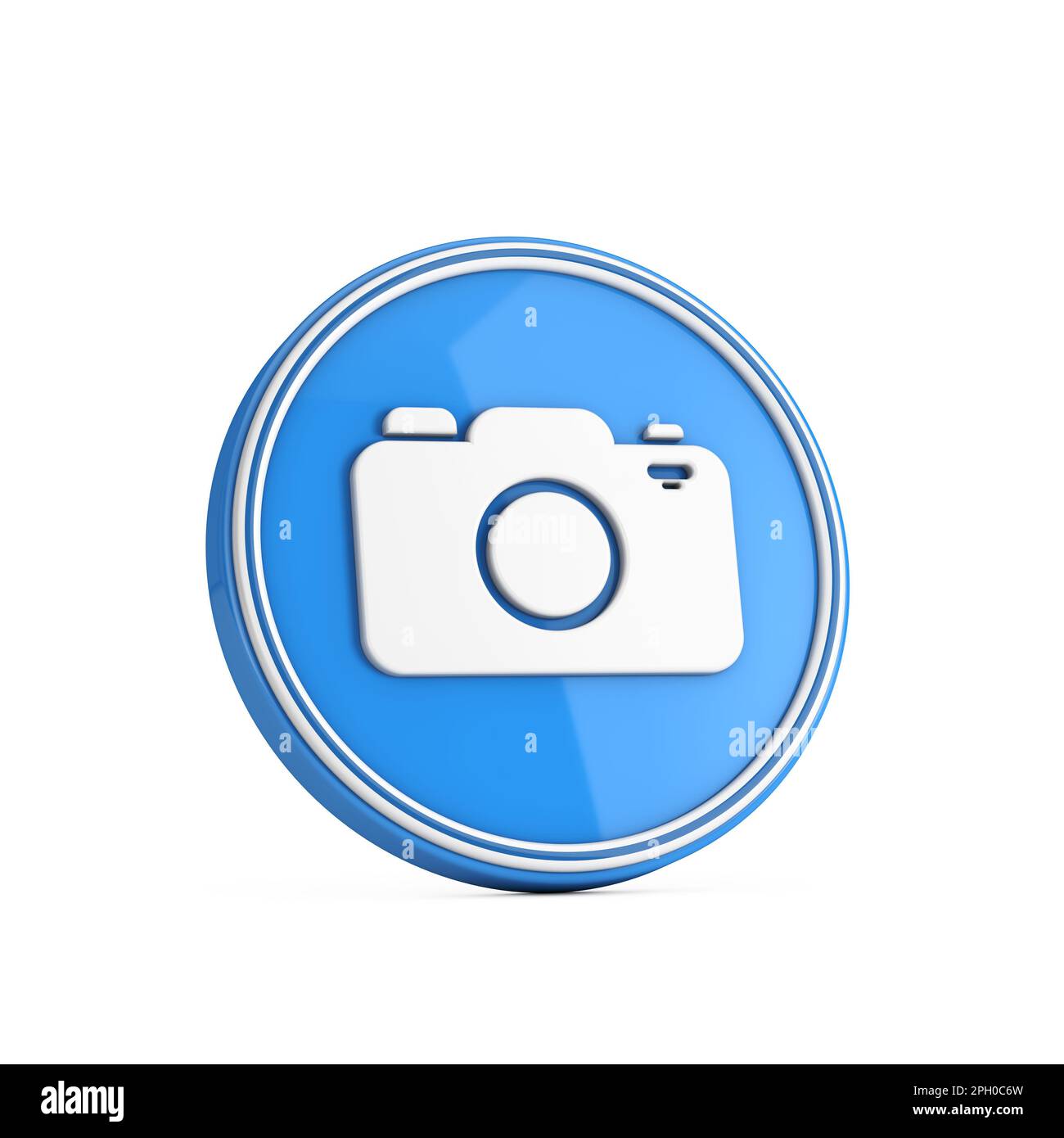 White Photo Camera Icon in Blue Circle Button on a white background. 3d ...