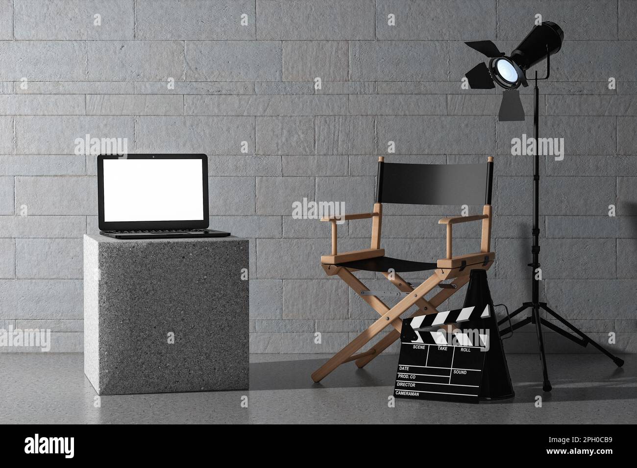 Modern Laptop with Blank Screen near Director Chair, Movie Clapper and ...