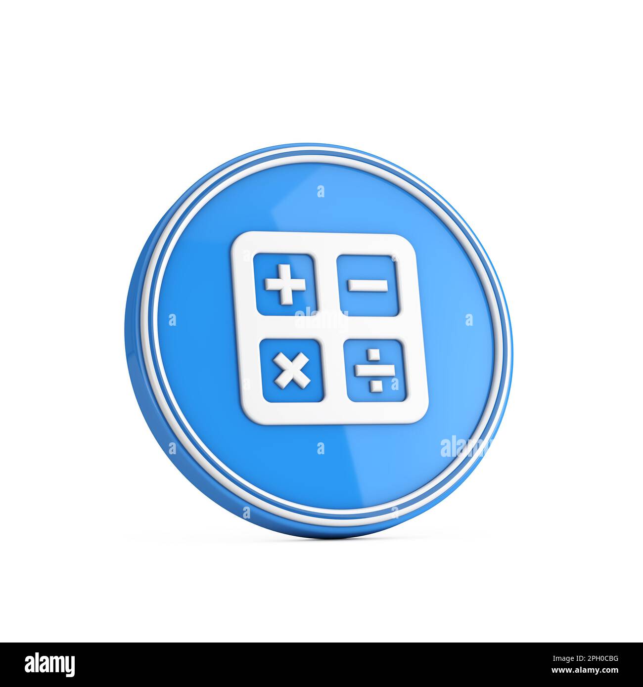 White Calculator Icon in Blue Circle Button on a white background. 3d ...