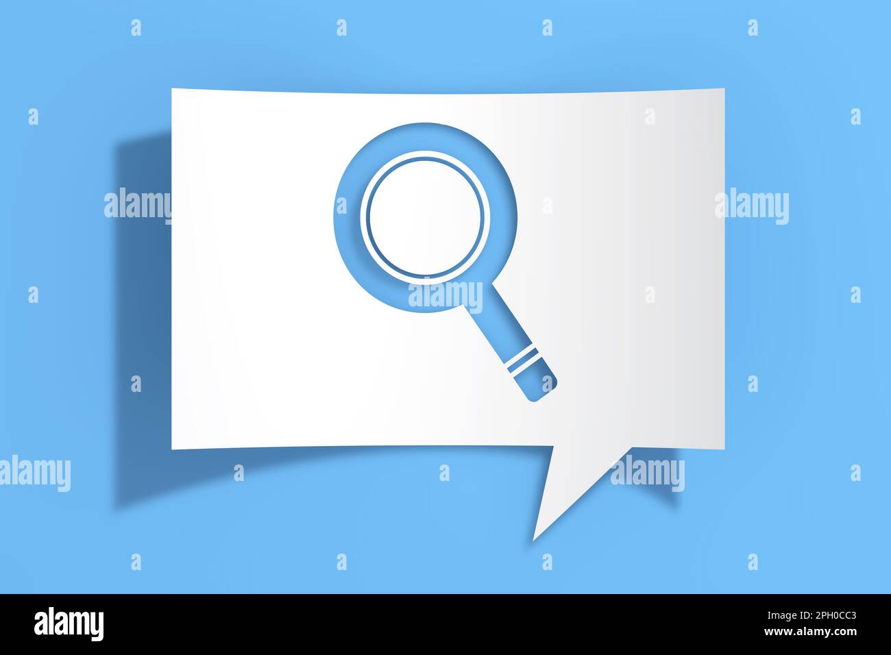 Magnifying Glass Icon on Cutout White Paper Speech Bubble on blue ...