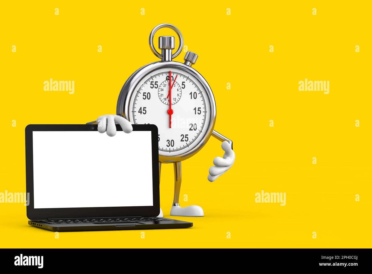 Modern Stopwatch Cartoon Person Character Mascot with Modern Laptop ...
