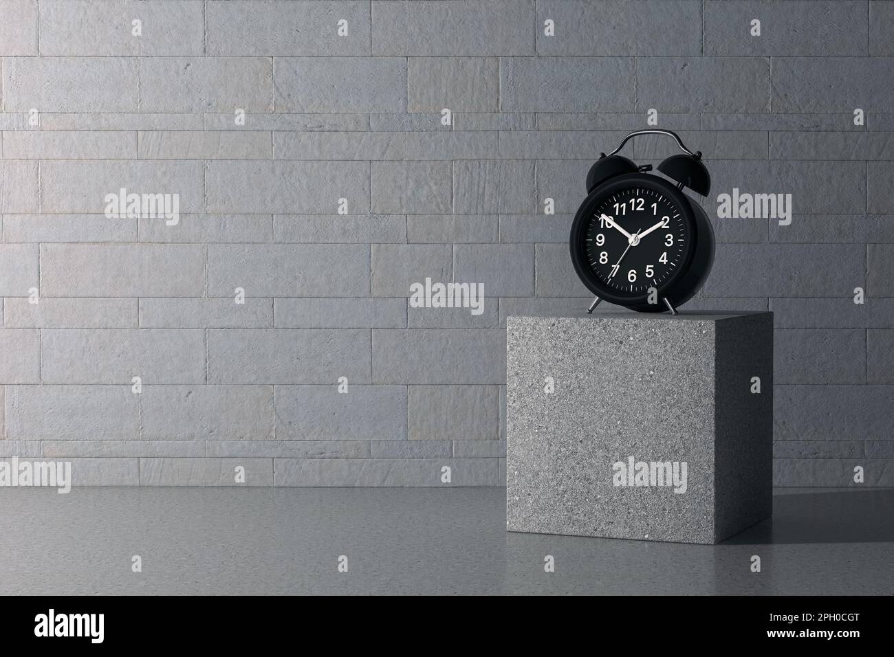 Alarm Clock on Stone Block in front of stone blocks wall background. 3d ...