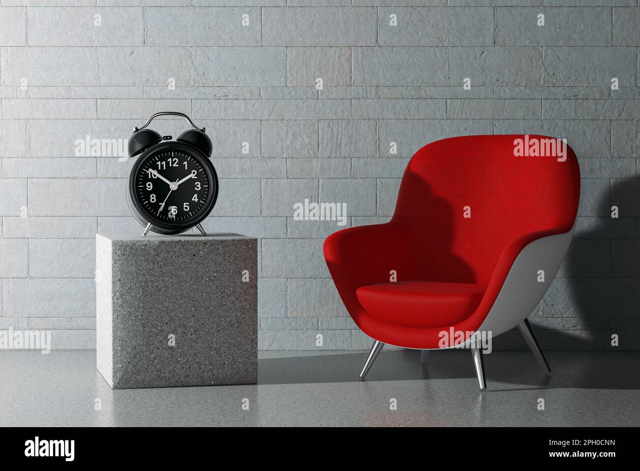 Alarm Clock with Empty Red Modern Oval Shape Relax Chair in front of ...