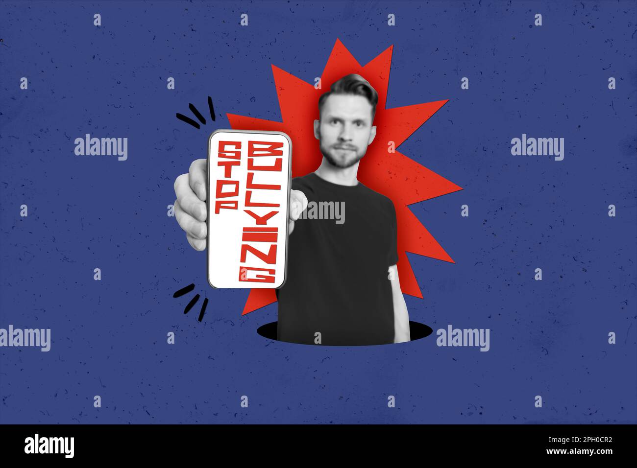 Creative protest template collage of serious young guy hols touch ...