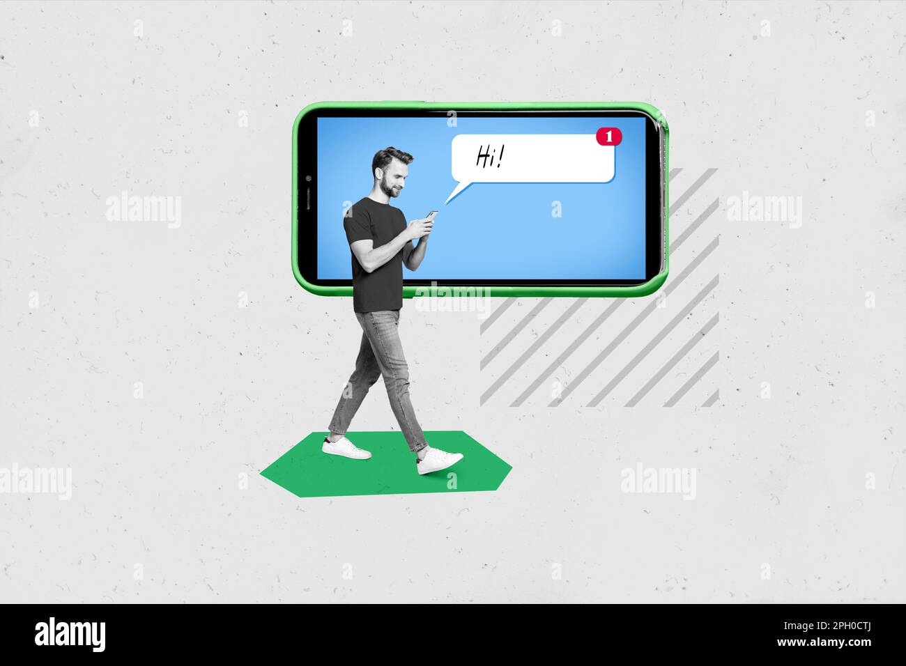 Creative poster banner collage of young millennial influencer guy using ...