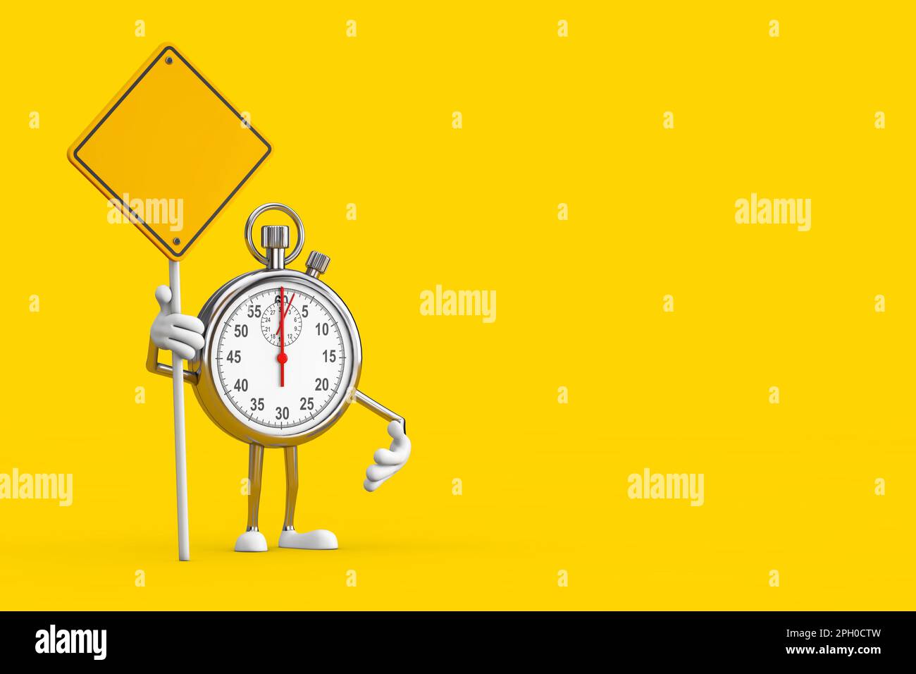 Modern Stopwatch Cartoon Person Character Mascot and Yellow Road Sign ...
