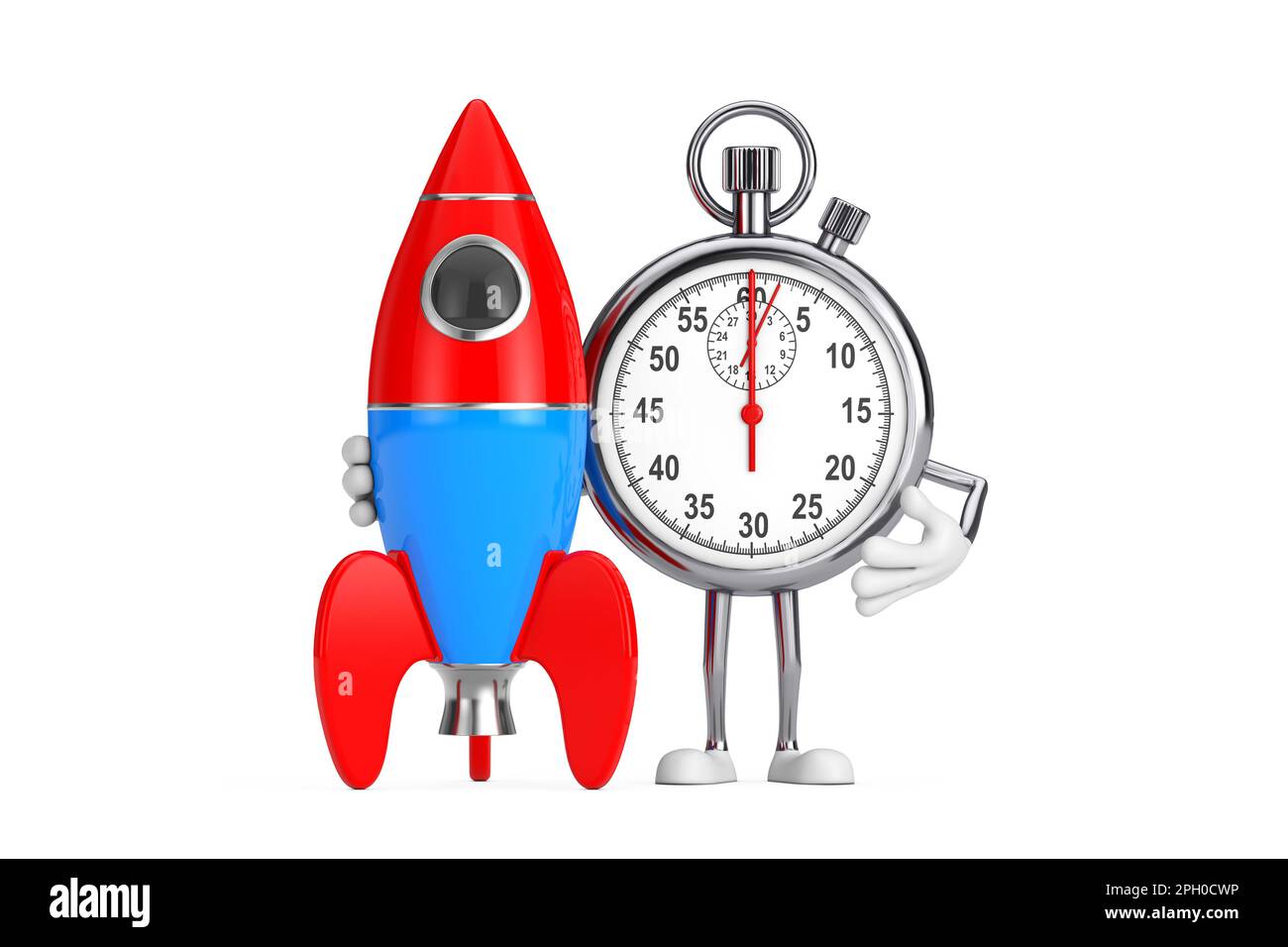 Modern Stopwatch Cartoon Person Character Mascot With Cartoon Toy Rocket On A White Background