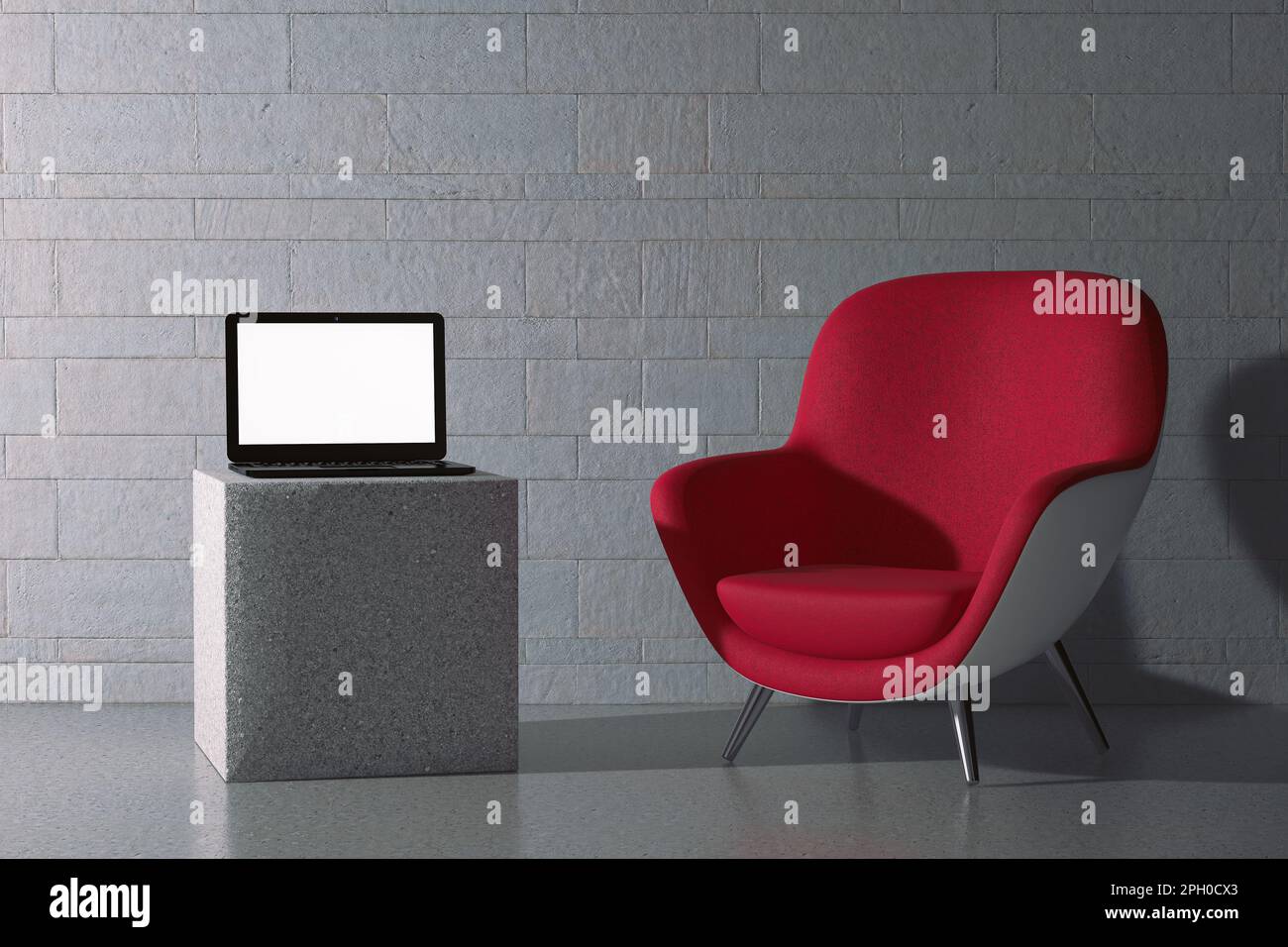 Modern Laptop with Blank Screen near Empty Red Modern Oval Shape Relax ...