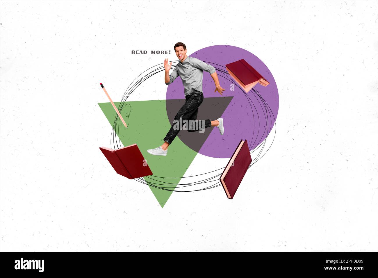 Photo collage of funny guy jumping into book read more concept addicted ...