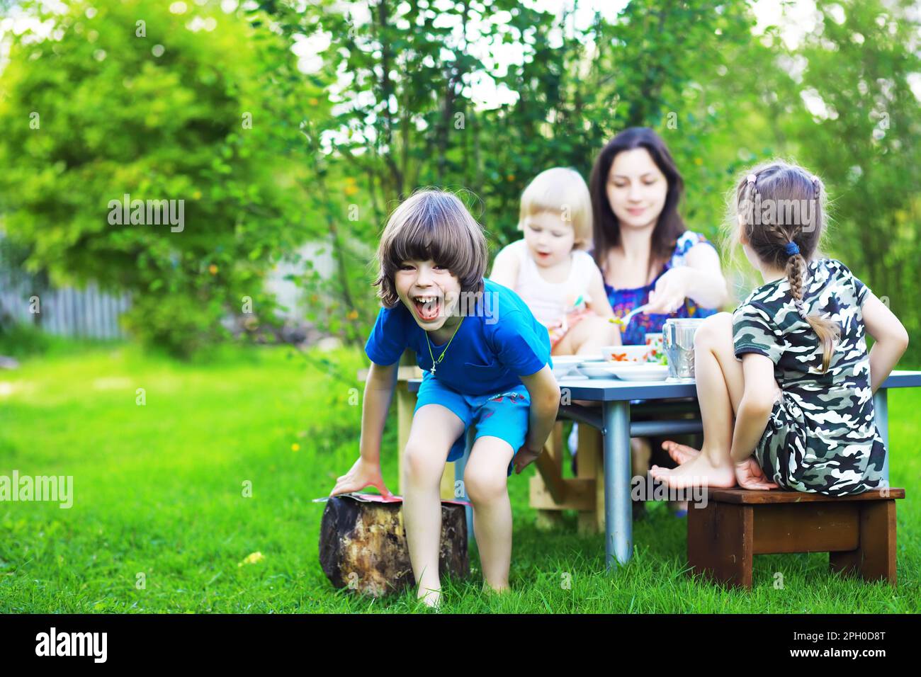 A young large family at a picnic on a summer morning. A beautiful ...