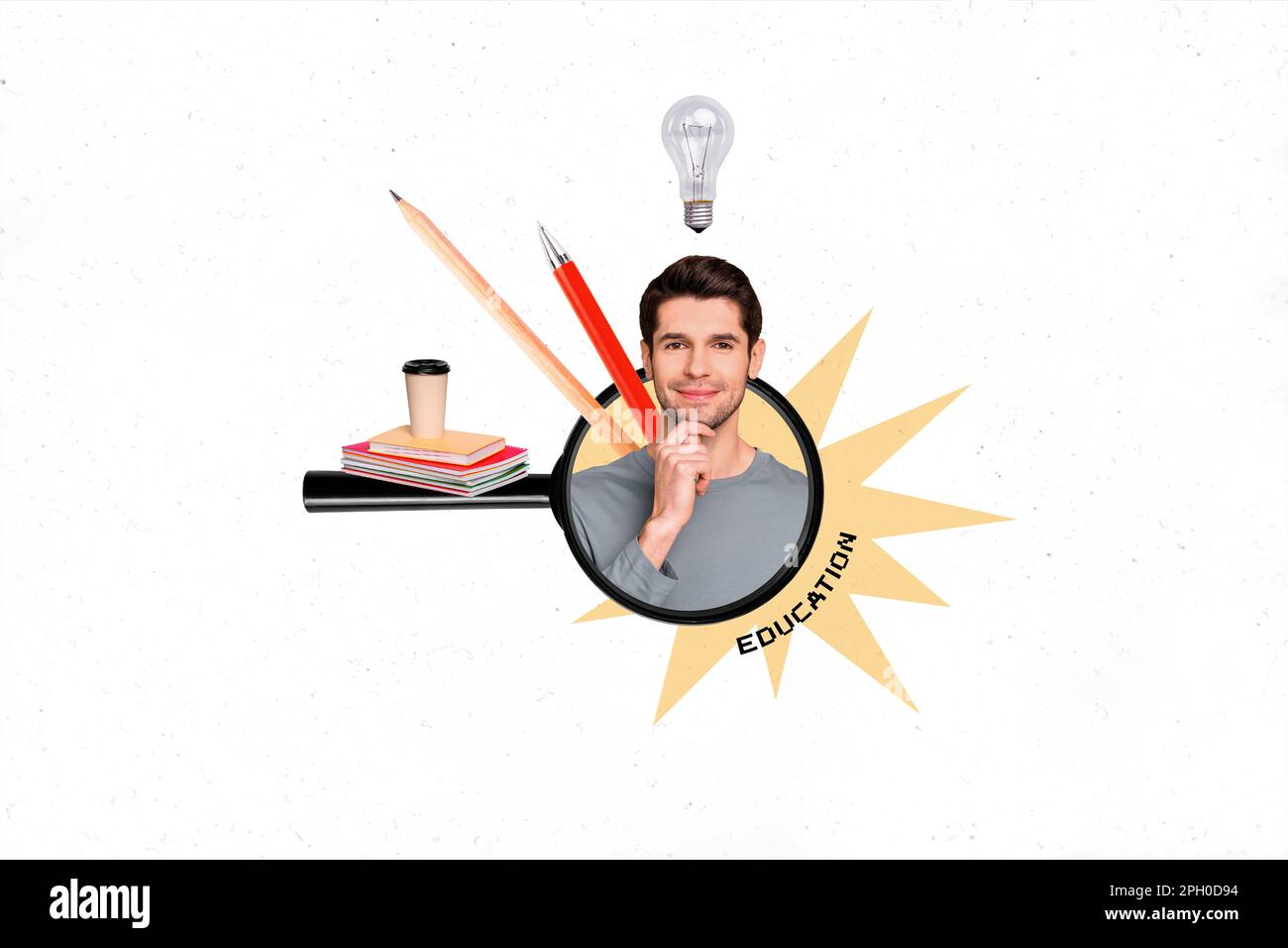 Artwork picture pop collage young guy student inside big loupe study ...