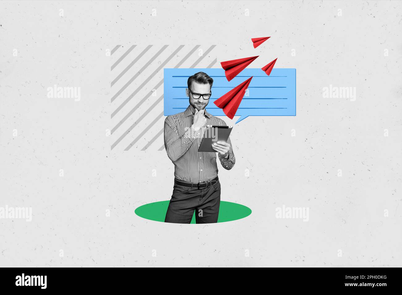 Creative banner poster collage of successful manager guy have chat with ...