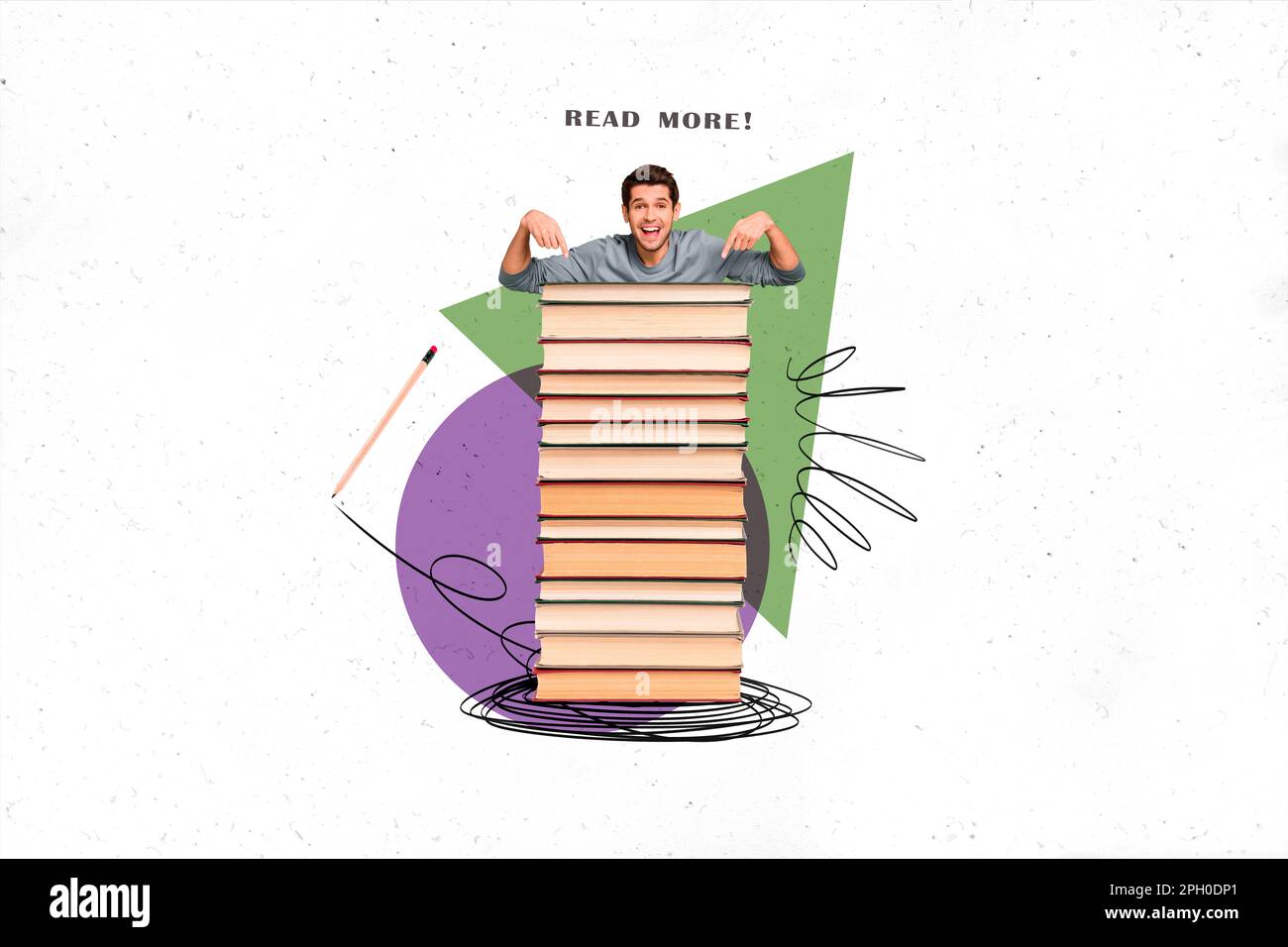 Funny student guy recommending read more stand near huge big book stack ...