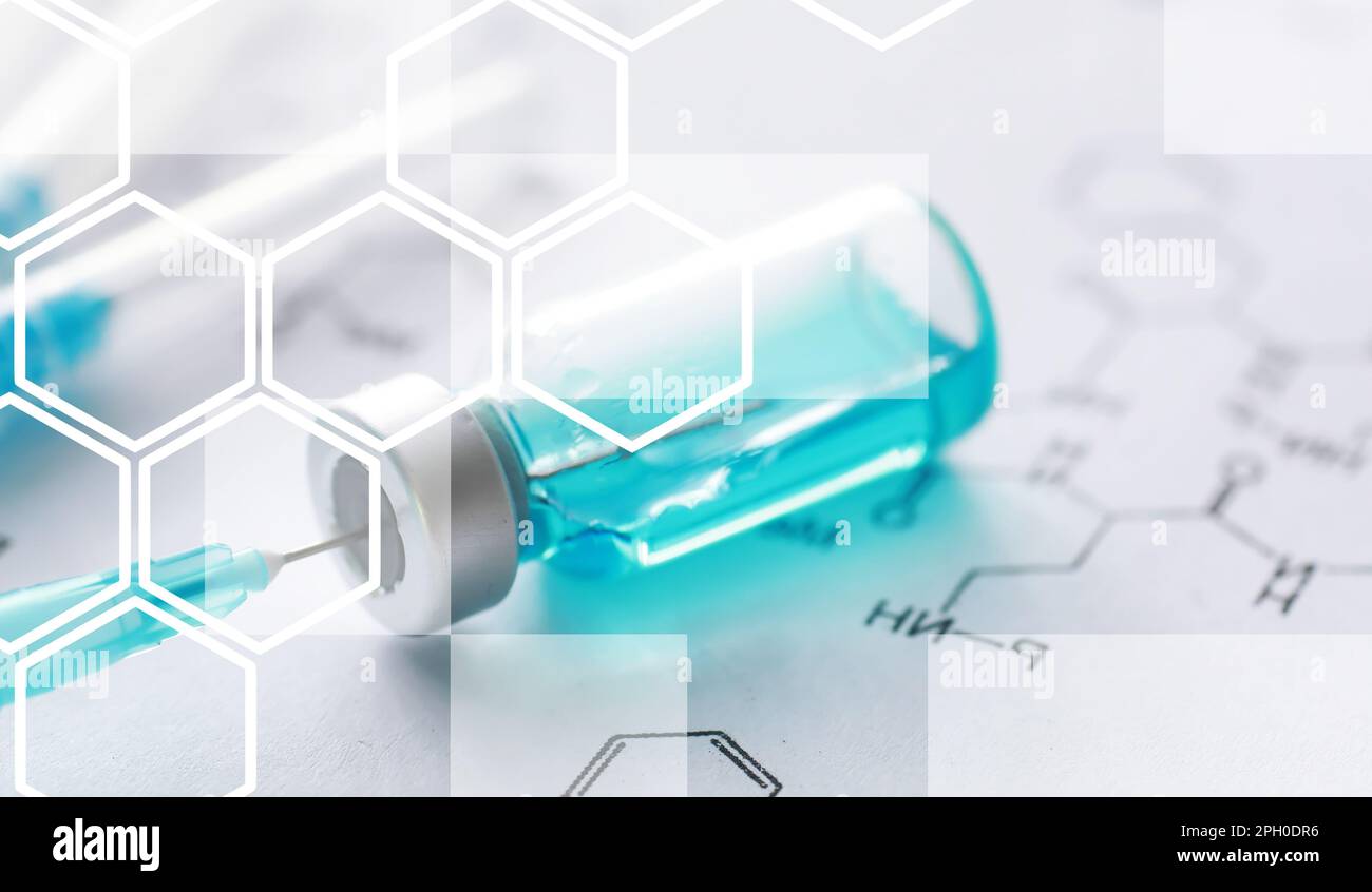 small jars with injection and syringe for injection on blue background ...