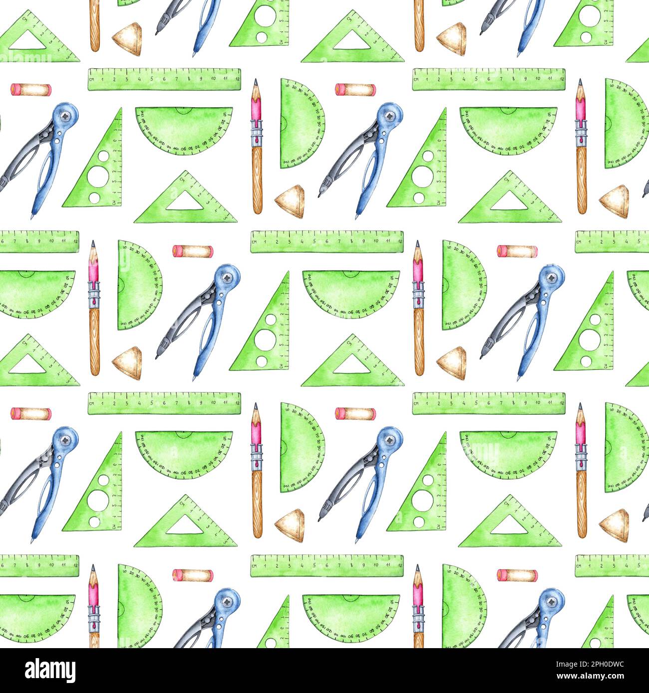 Watercolor illustration of ruler pattern, simple pencil, compasses ...