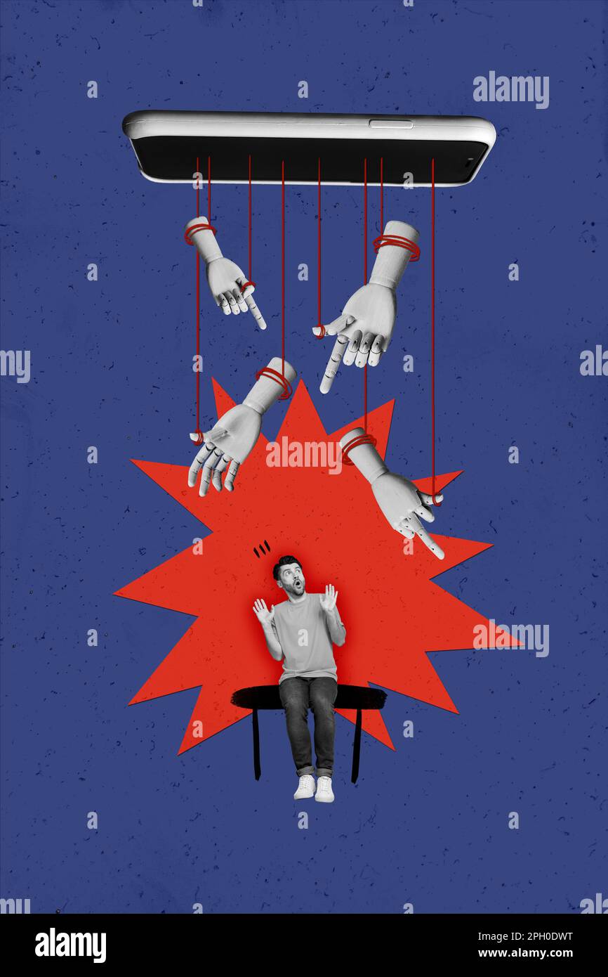 Young frightened guy male sitting bench scared of cyber bullying ...