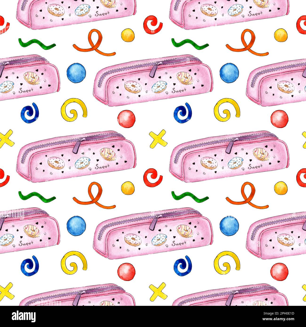 Watercolor illustration pattern of pink school pencil case and doodle ...