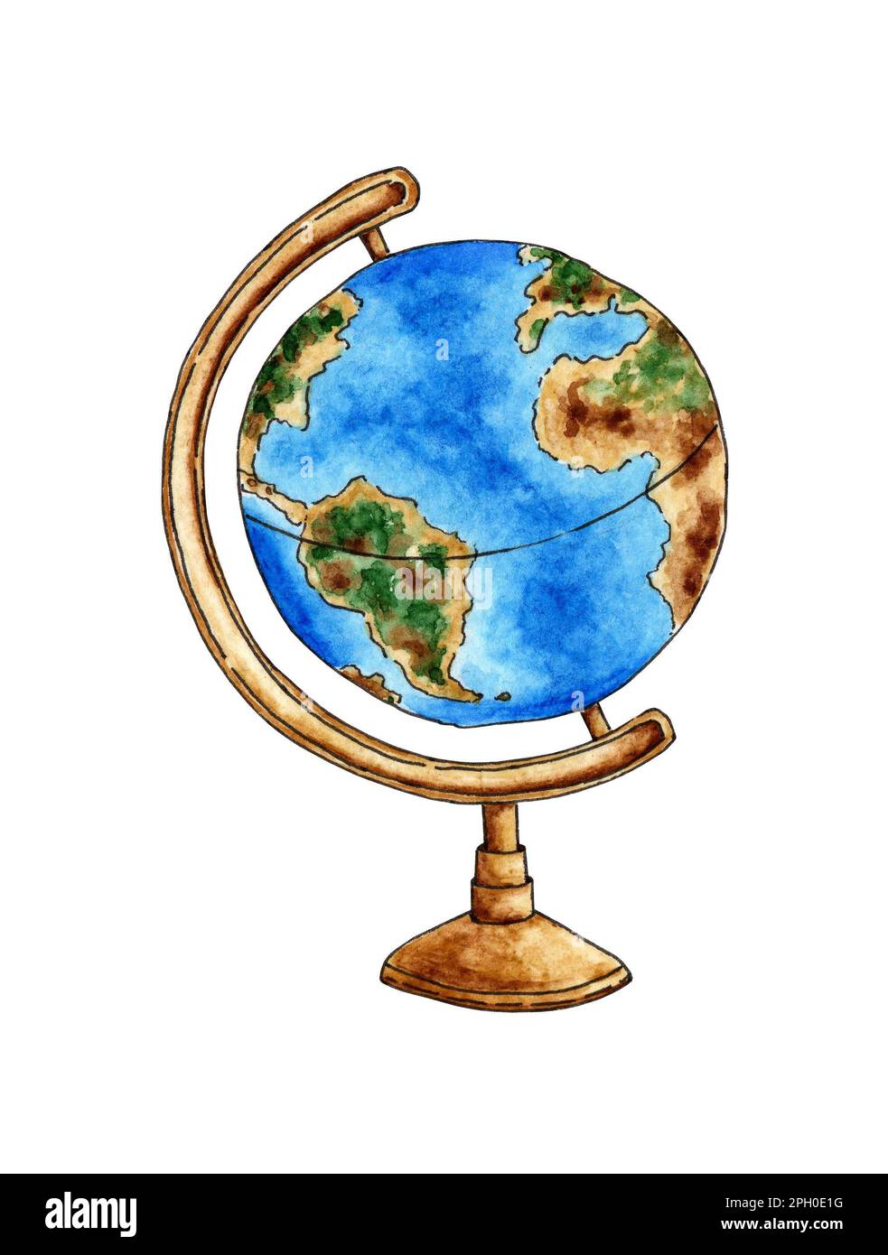Watercolor illustration of a blue and green earth globe on a brown base ...