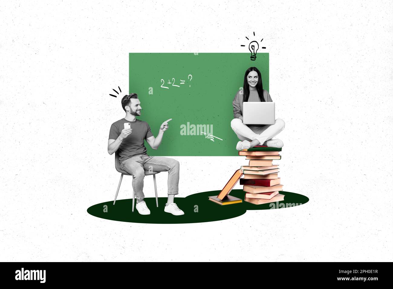 Photo picture collage two people in front of green board counting math ...