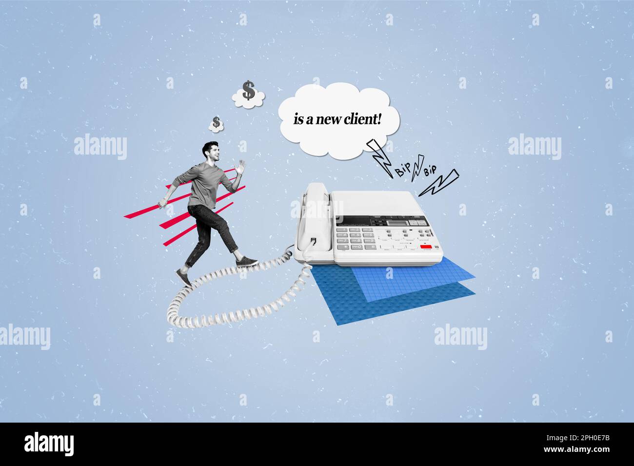 Customer service conceptual collage hotline operator guy running to big ...