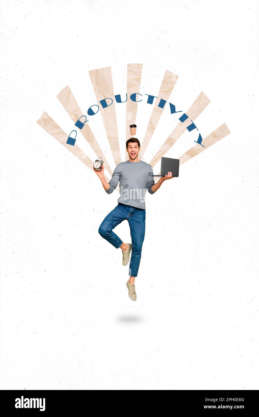 Vertical photo collage of funny worker guy manage time productivity ...