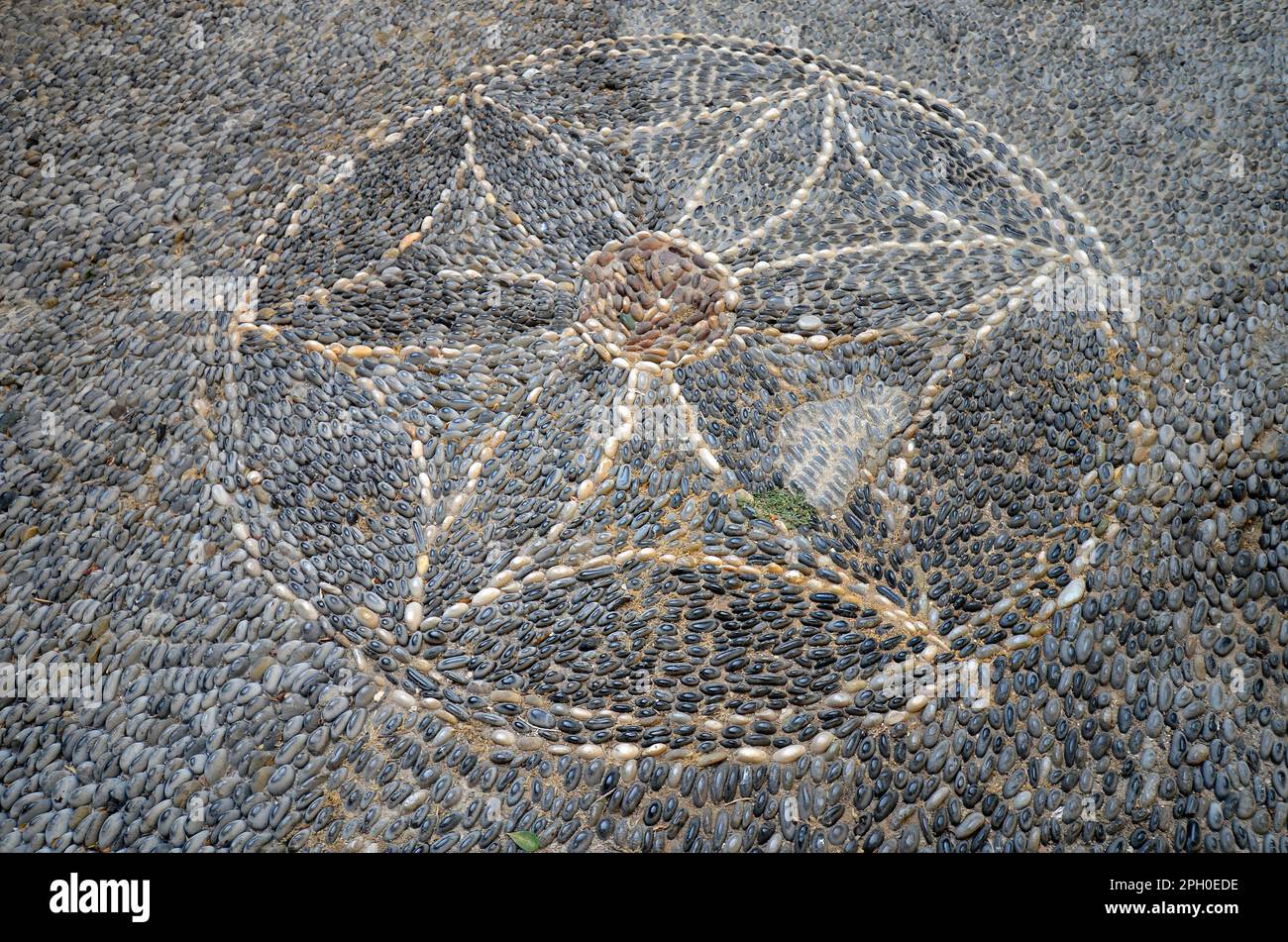 Greece, stone mosaic in the courtyard of monastery Toplou, located in ...