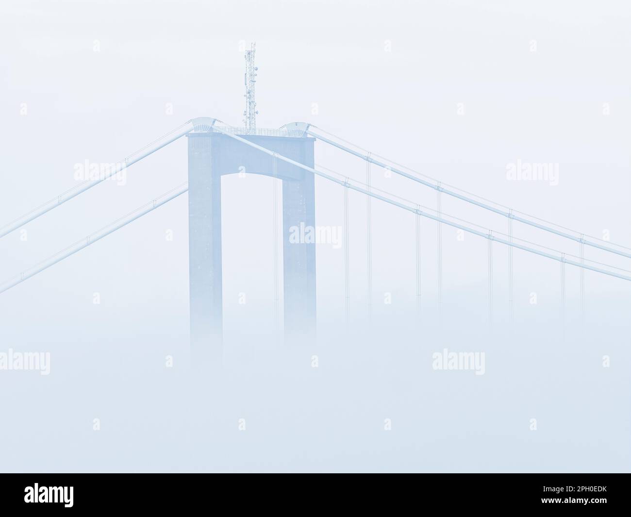 A lonely cable-stayed bridge stands tall in the fog, a marvel of ...