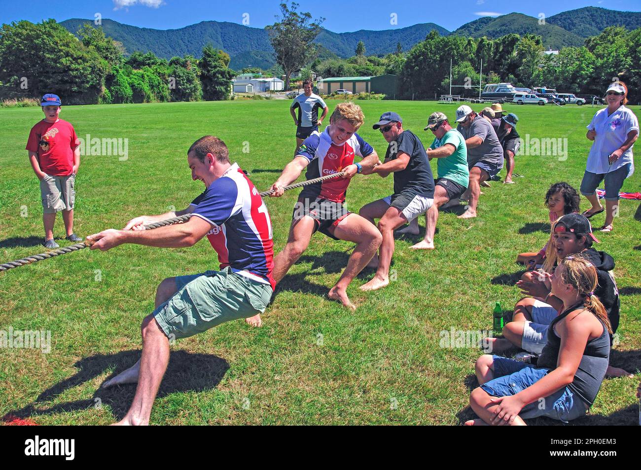 Adult tug of war at local fete, Havelock, Marlborough Region, South ...
