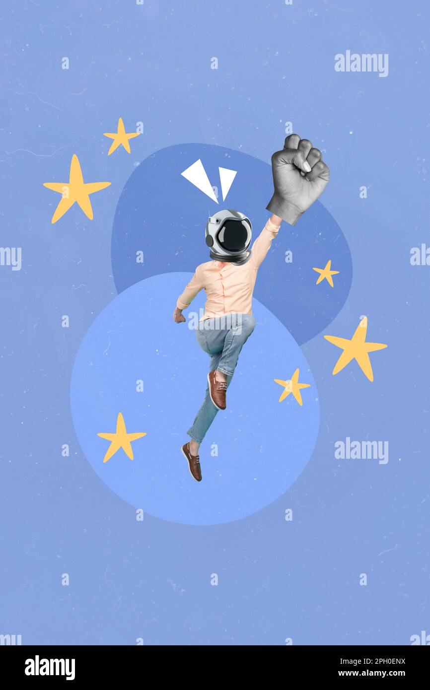 Cosmic magazine template collage of motivated person spaceman flying up ...
