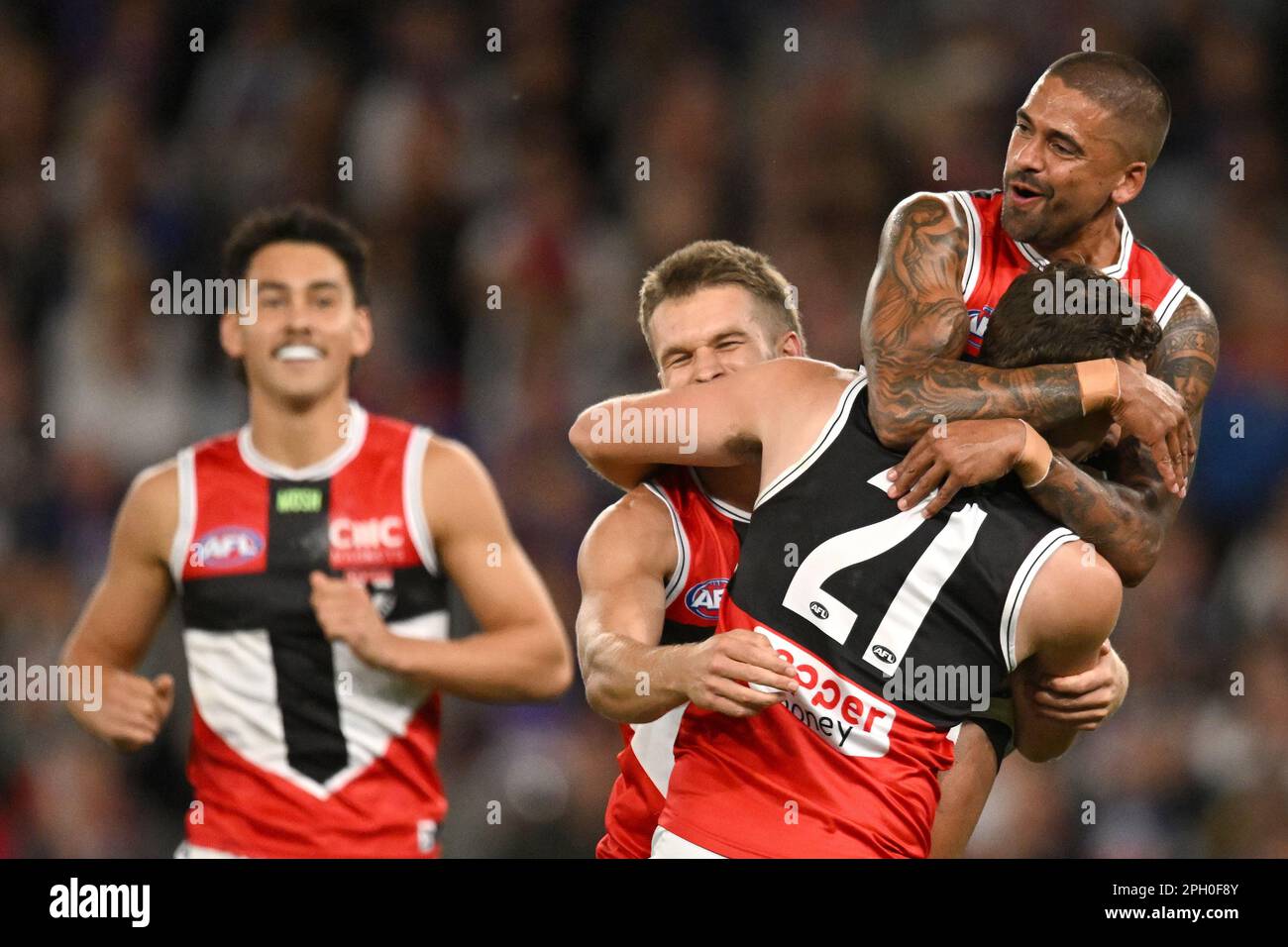 Bradley Hill and Zaine Cordy of the Saints celebrate a goal during the AFL Round 2 match between ...