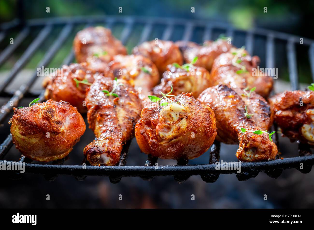 Hot grilled chicken leg with herbs and spicy spices. Grilled chicken on ...