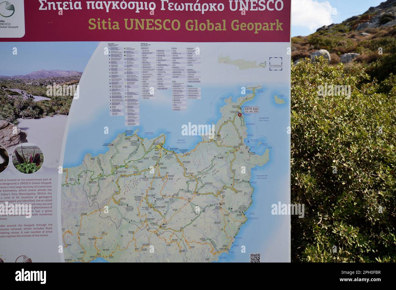 Vai, Greece - October 12, 2022: Information map of the UNESCO Geo park ...