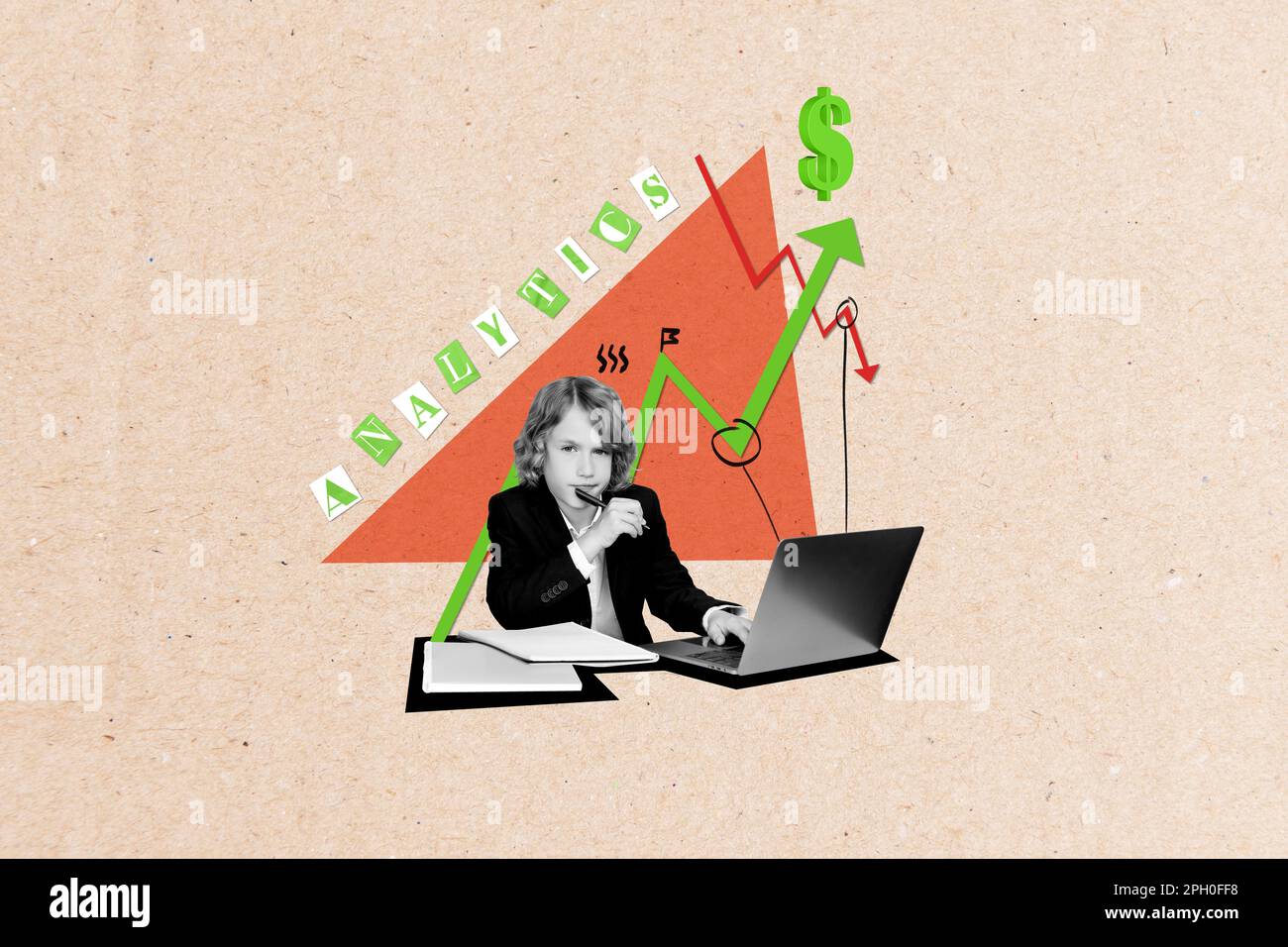 Photo collage artwork picture of little school boy sitting desk ...