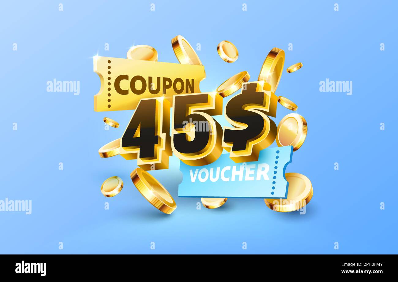 45 dollar coupon gift voucher, cash back banner special offer. Vector ...