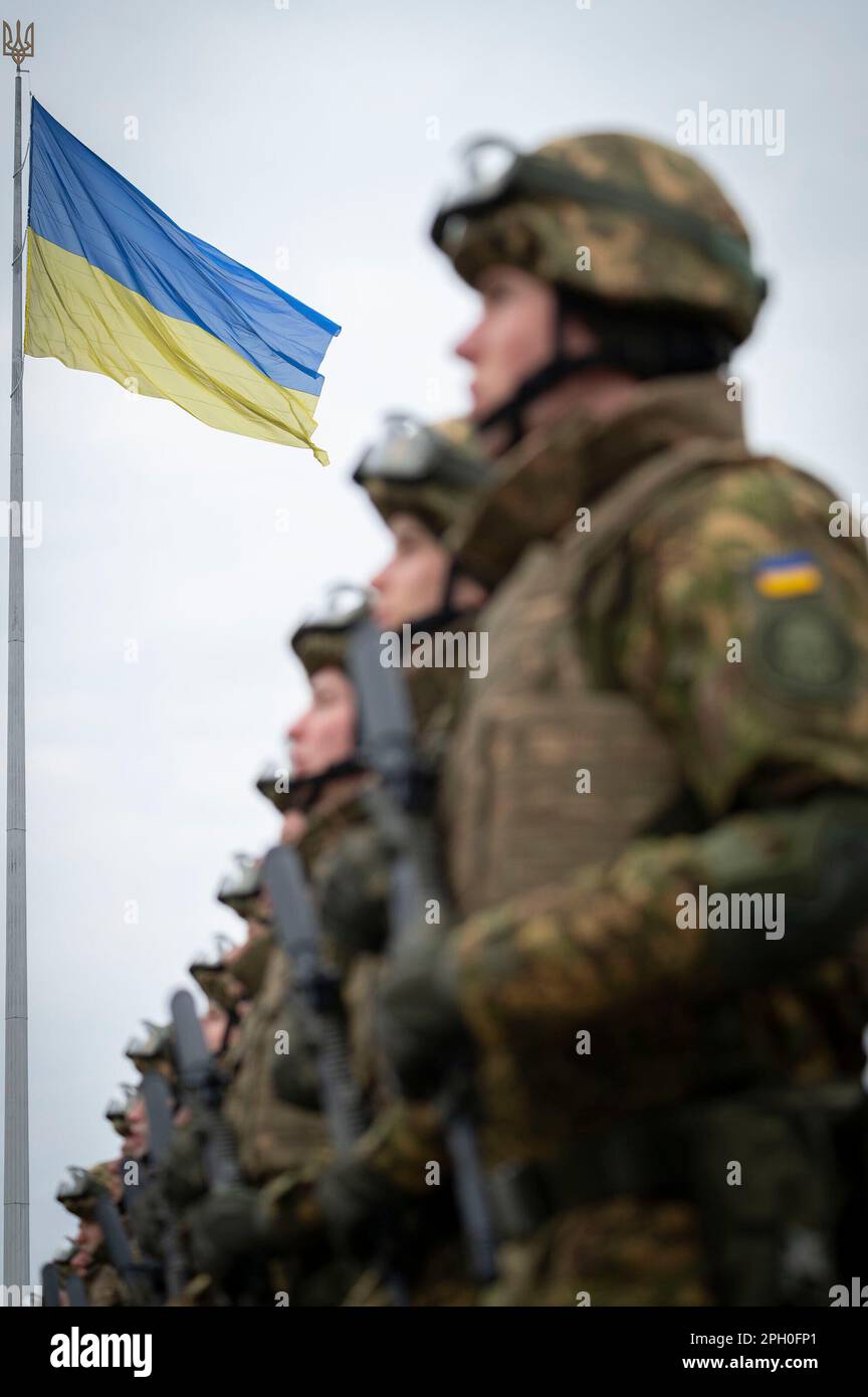 war in Ukraine. Ukrainian soldiers, military in uniform, combat gear on ...