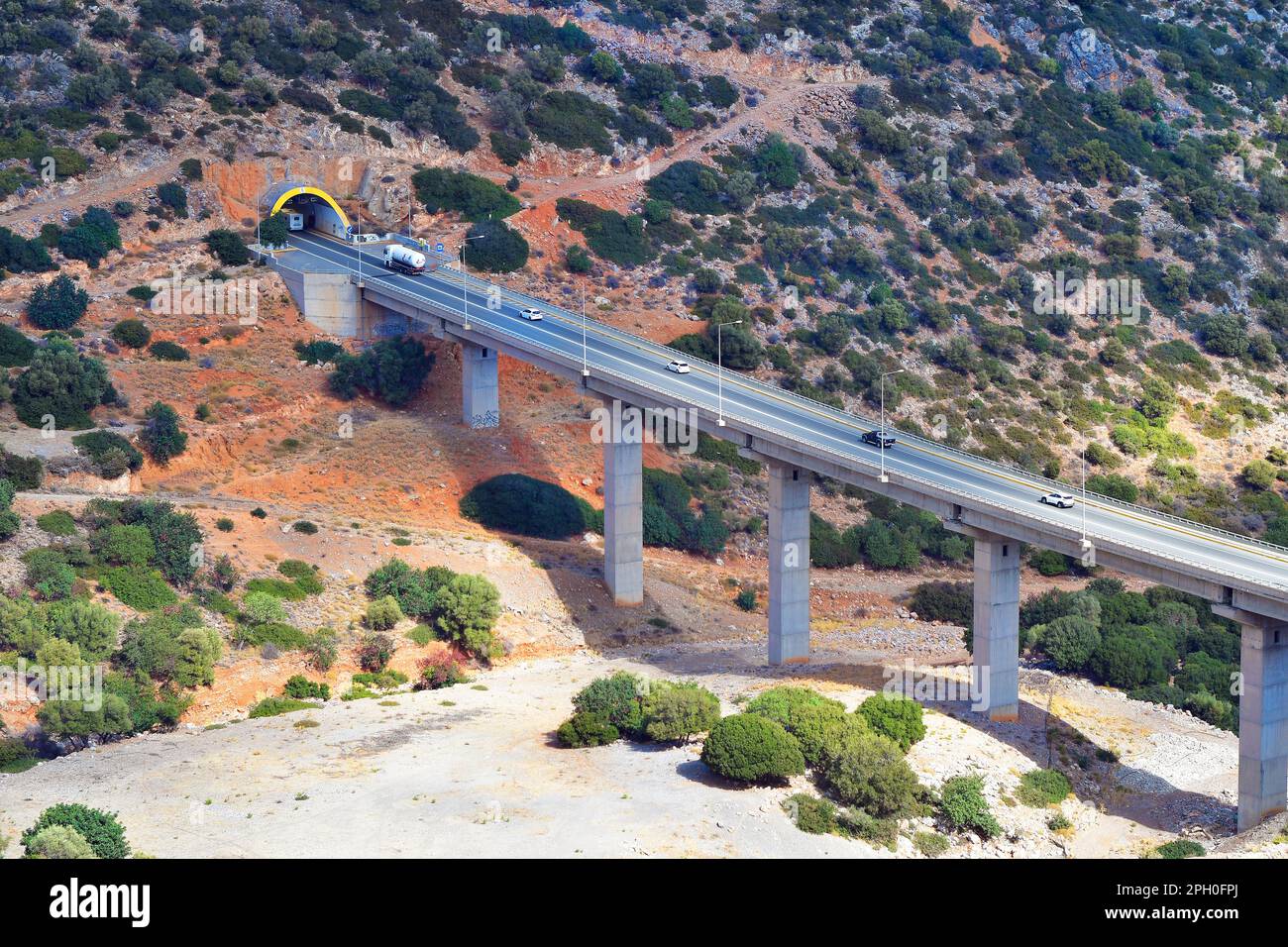 Greece, highway E75 with valley crossing and tunnel in Crete Stock ...