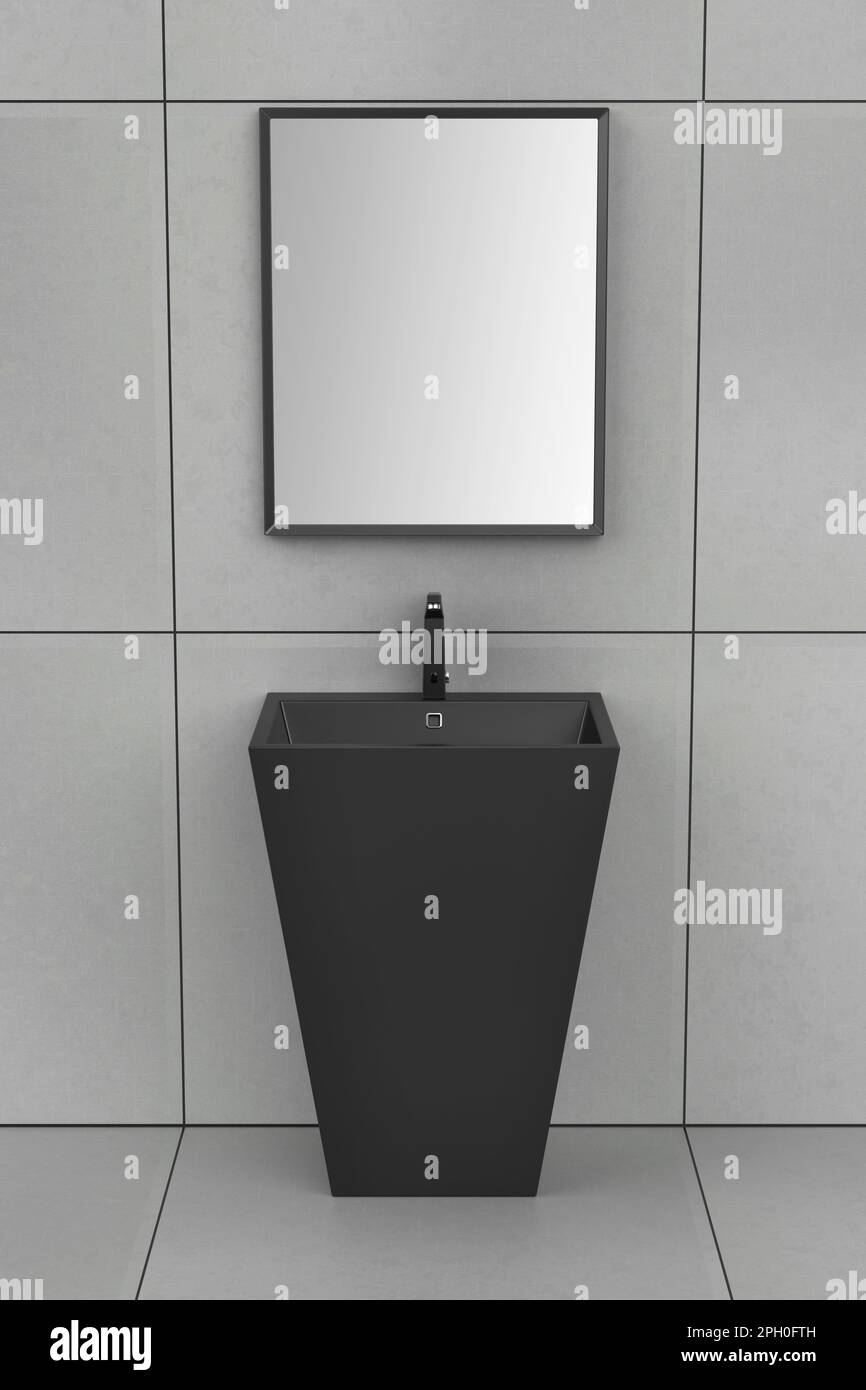 Black floor mounted wash basin with sensor faucet and mirror in the ...