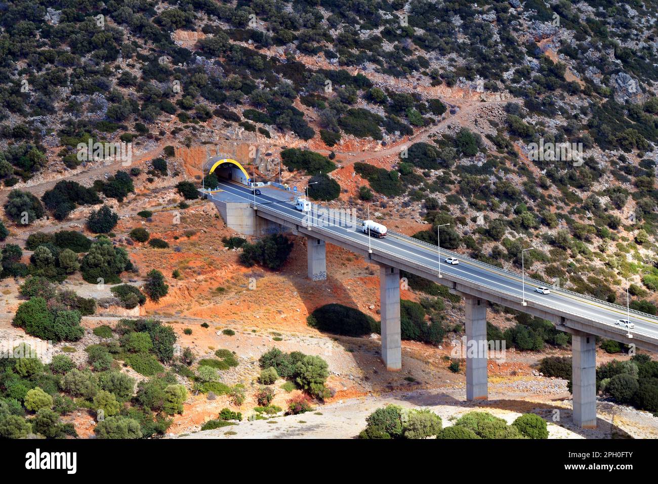 Greece, highway E75 with valley crossing and tunnel in Crete Stock ...