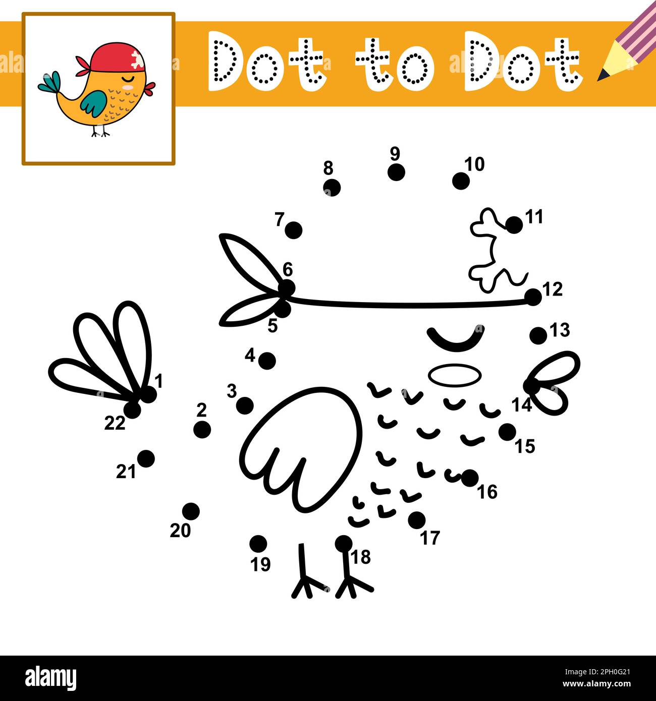 Connect the dots and draw a cute bird pirate. Dot to dot game Stock ...