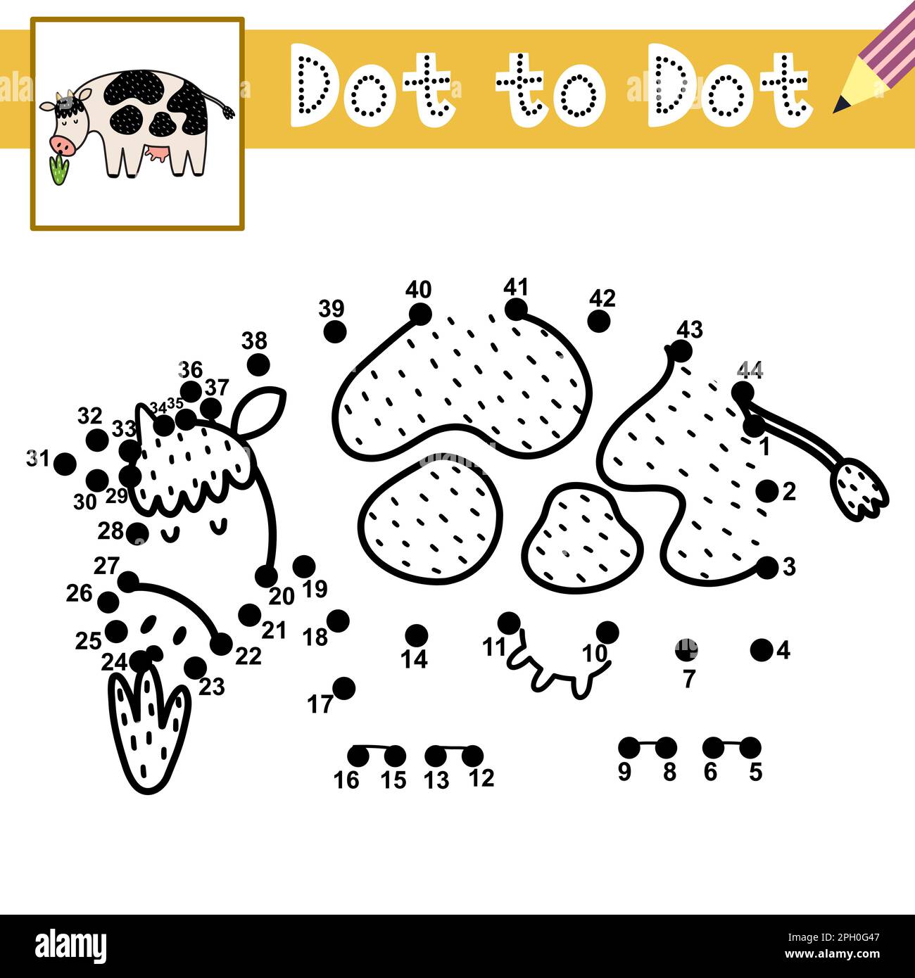 Connect the dots and draw a cute cow. Dot to dot game with a farm ...