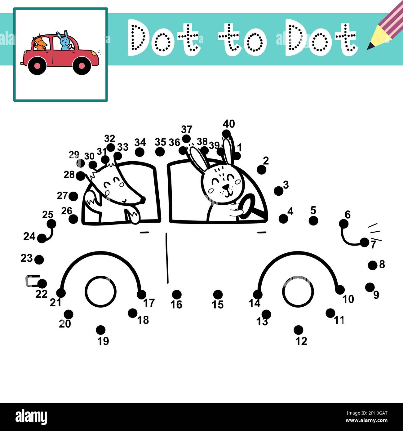 Connect the dots and draw cute rabbit and fox driving a car. Dot to dot ...