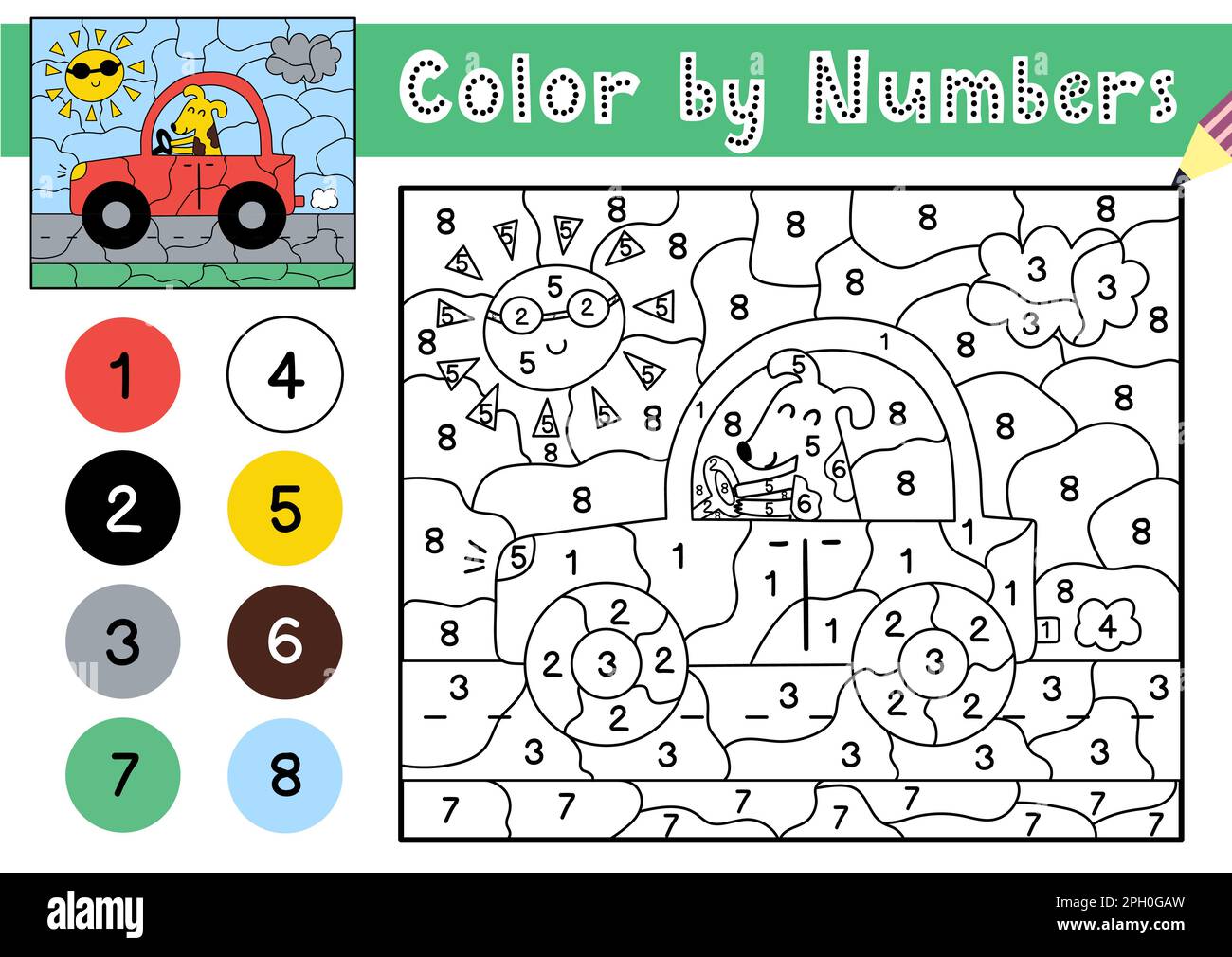 Color by numbers game for kids. Coloring page with a cute dog driving a ...