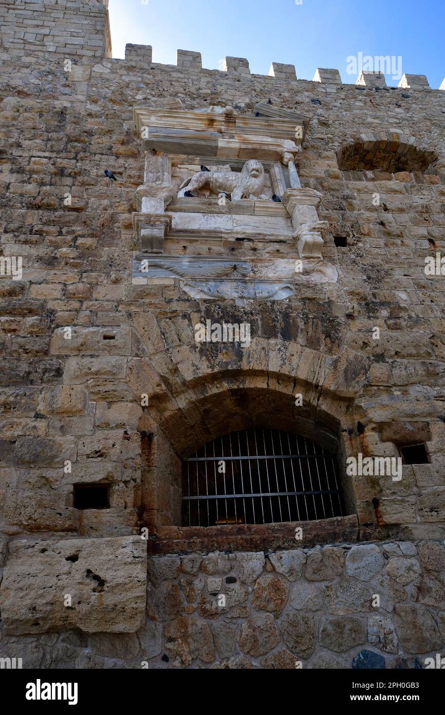 Greece, old Venetian Fortress Koules with stone lion in Iraklio ...
