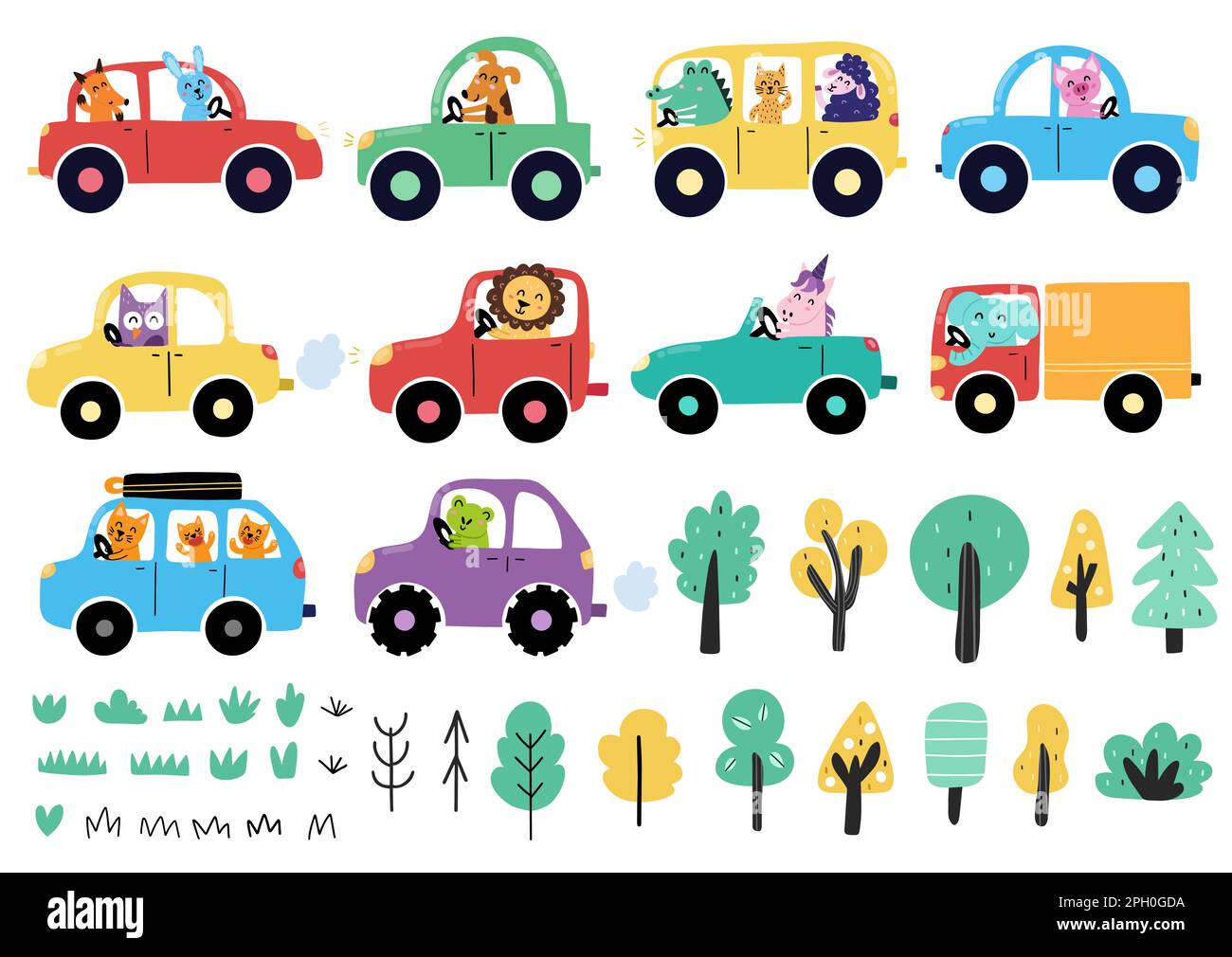 Cute animals driving cars collection. Transport set with funny cartoon ...